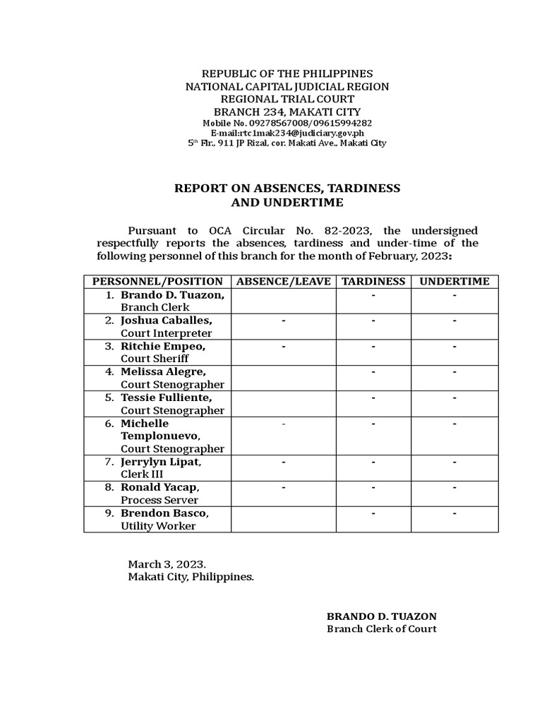 Report On Absences Tardiness and Undertime | PDF | Affidavit | Judiciaries