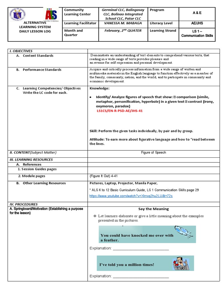 LS1 Eng. DLL (Figure of Speech) | PDF | Learning | Cognitive Science