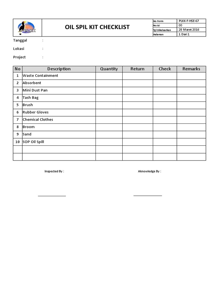 PLKK-F-HSE-67 Oil Spill Kit Checklist | PDF