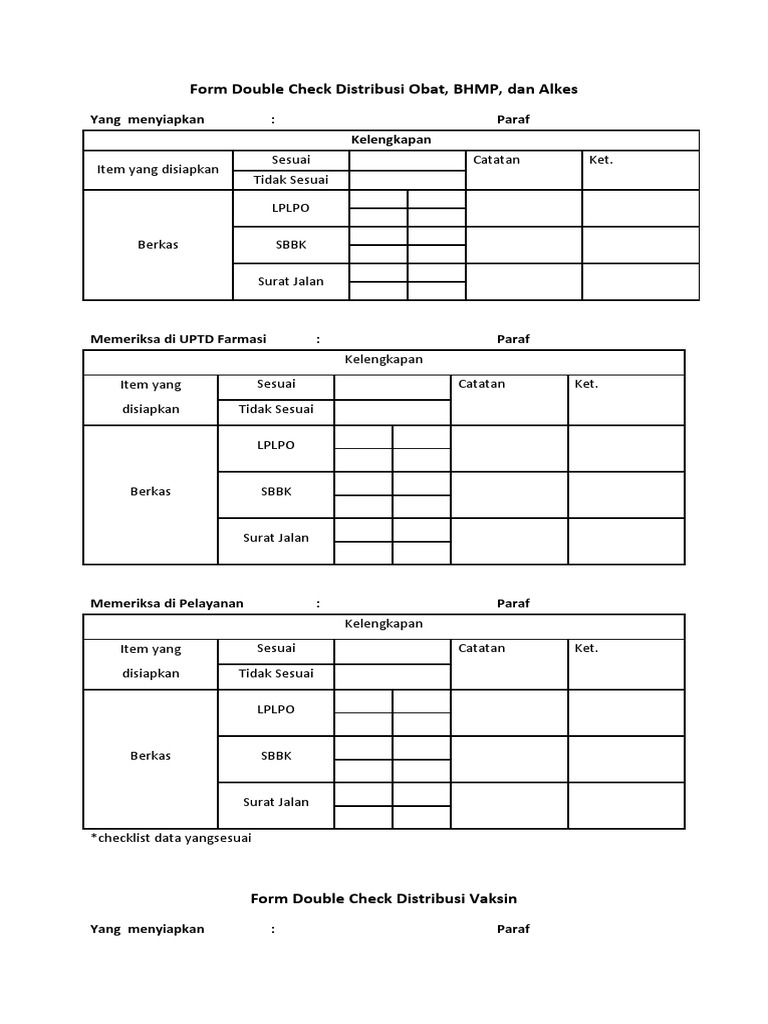 Form Double Check Distribusi Obat dan vaksin | PDF