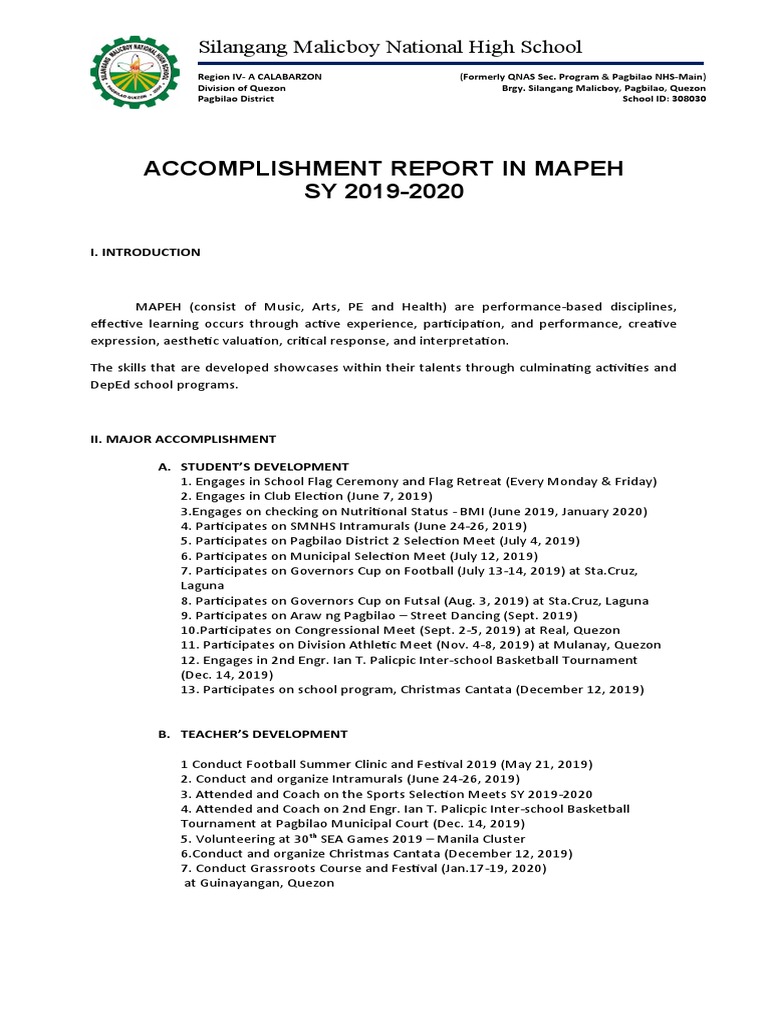 Accomplishment Report in MAPEH 2020 | PDF | Emergency Management ...