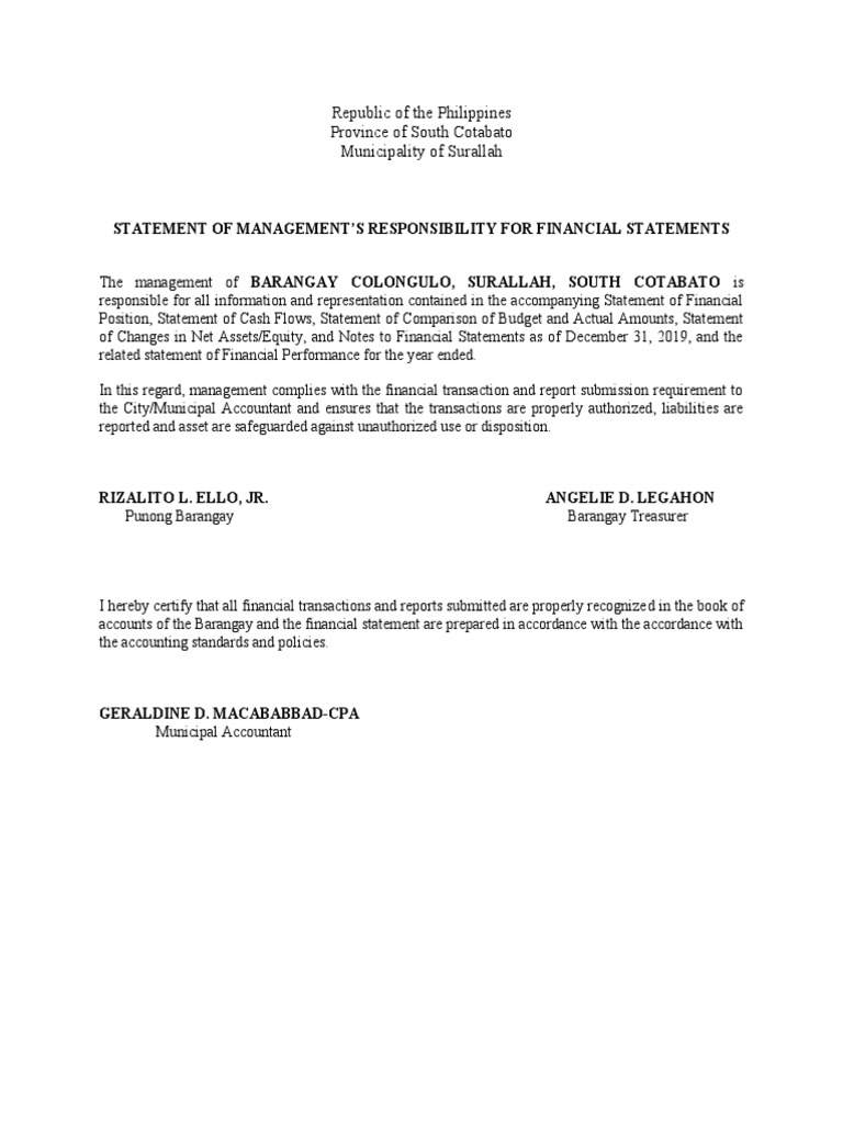 Barangay Colongulo 2019 Financial Responsibility Statement | PDF ...