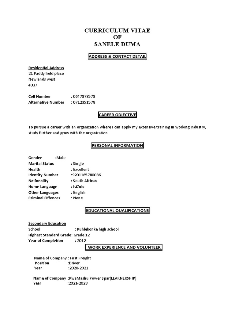 Sanele Duma CV | PDF