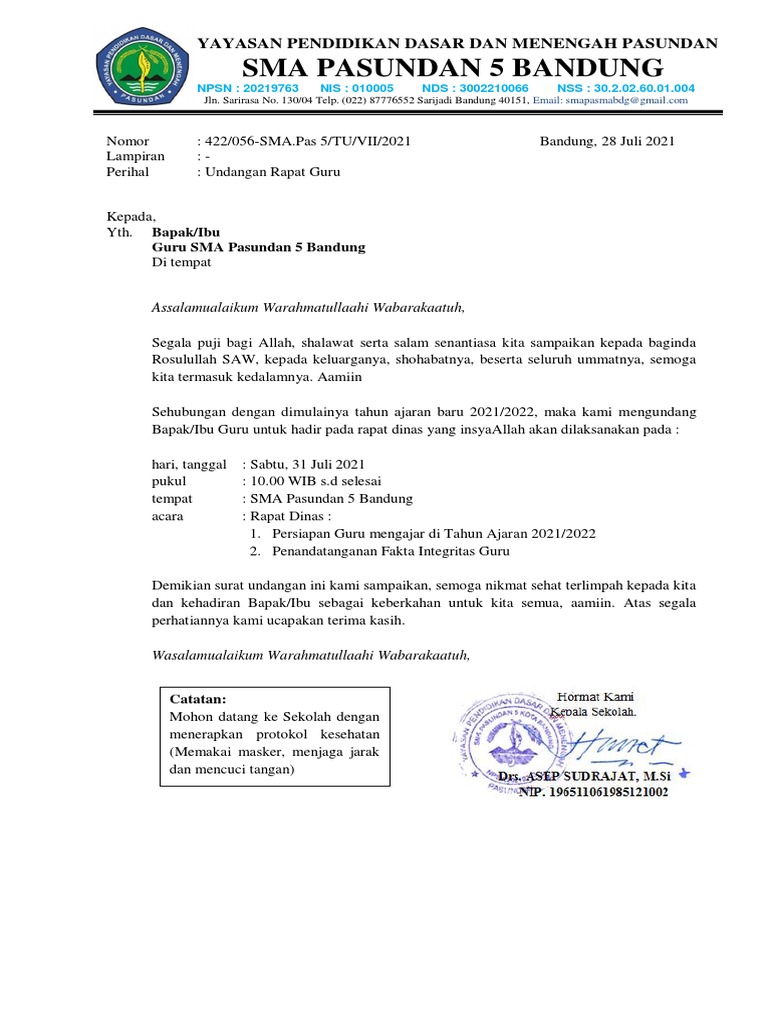 Surat Undangan Rapat Guru | PDF