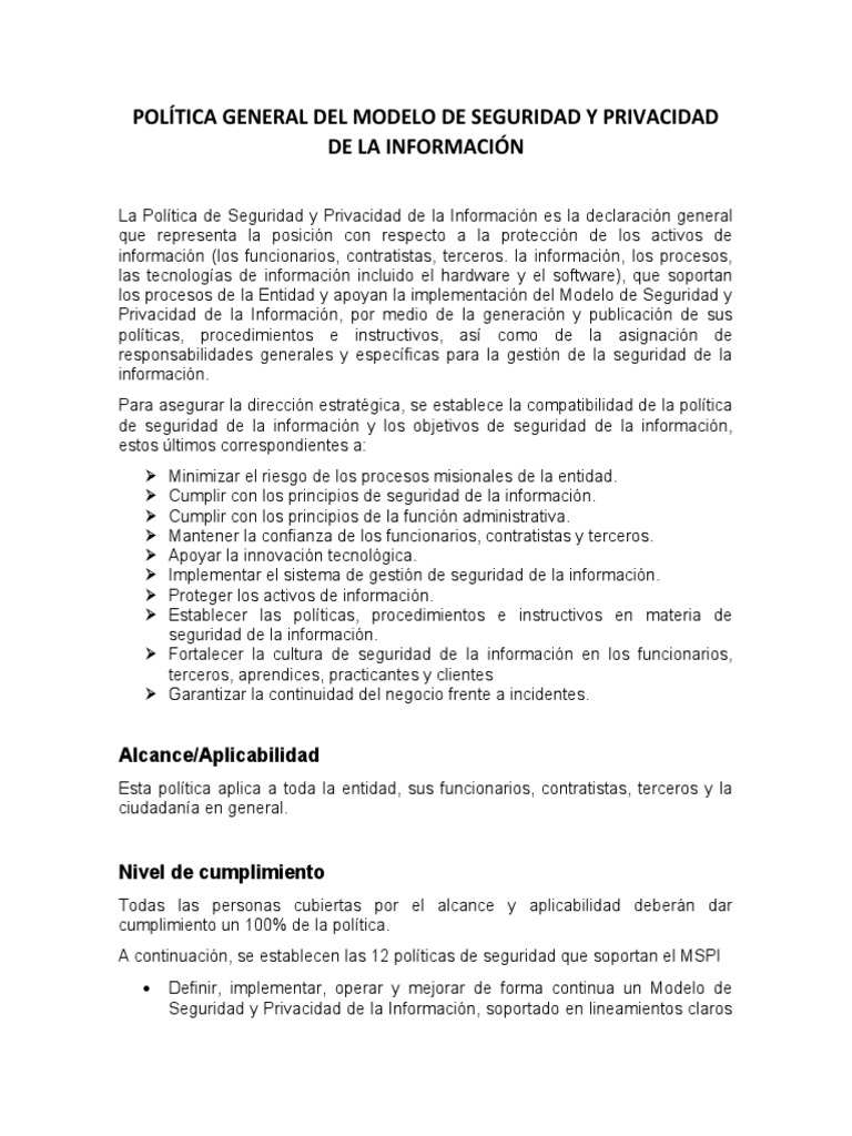 Política General Del Modelo de Seguridad y Privacidad de La Información ...