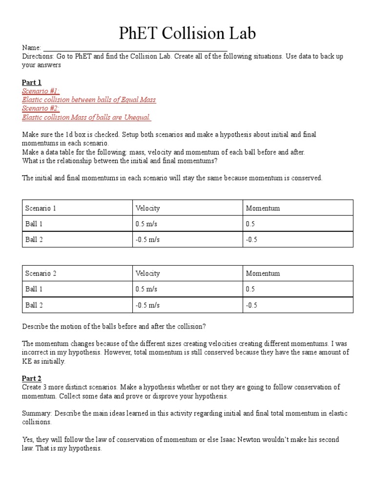 PhET Collisions Lab 1 | PDF | Momentum | Collision PhET Collisions Lab 1 | PDF | Momentum | Collision