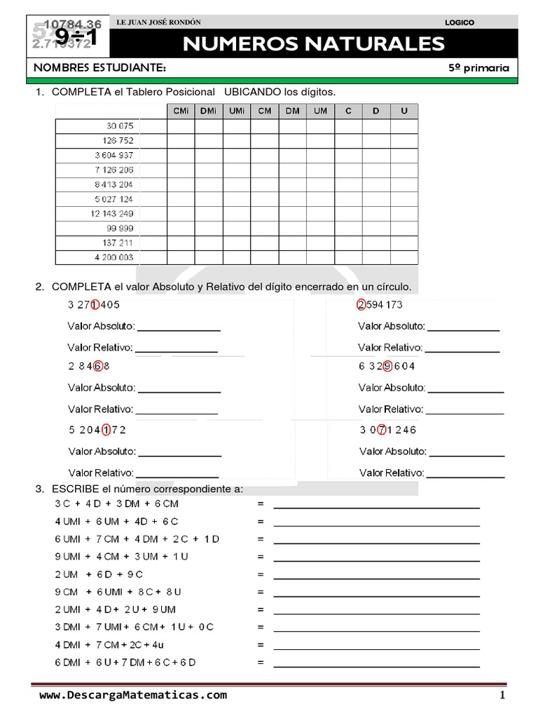 03 Numeros Naturales Quinto de Primaria | Descargar gratis PDF ...