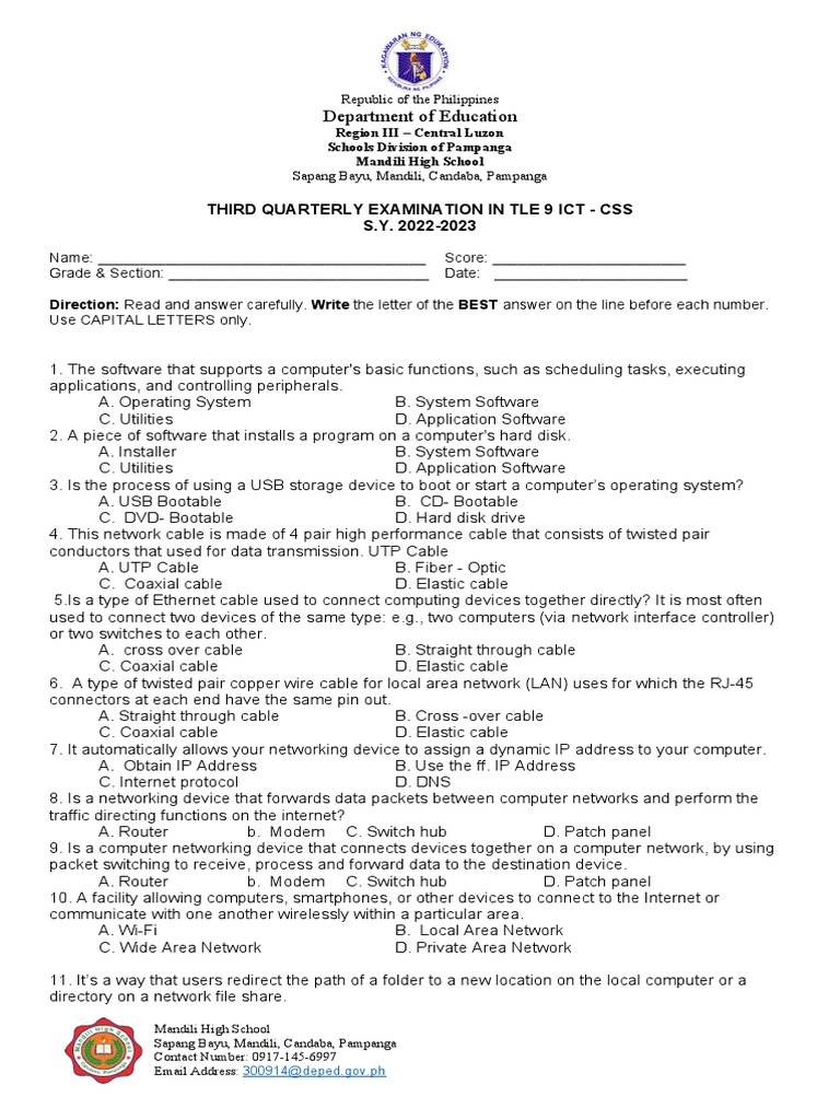 3RD Quarterly Examination in Tle 9 Ict | PDF | Computer Network ...