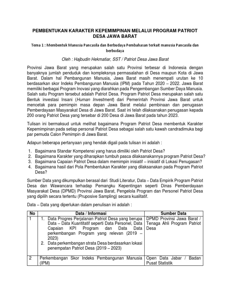 Draft KTI - PEMBENTUKAN KARAKTER KEPEMIMPINAN MELALUI PROGRAM PATRIOT DESA JAWA BARAT | PDF