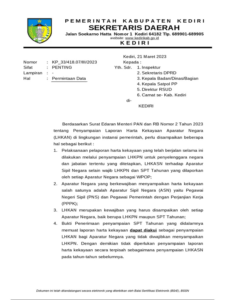 Sekretaris Daerah: Pemerintah Kabupaten Kediri | PDF