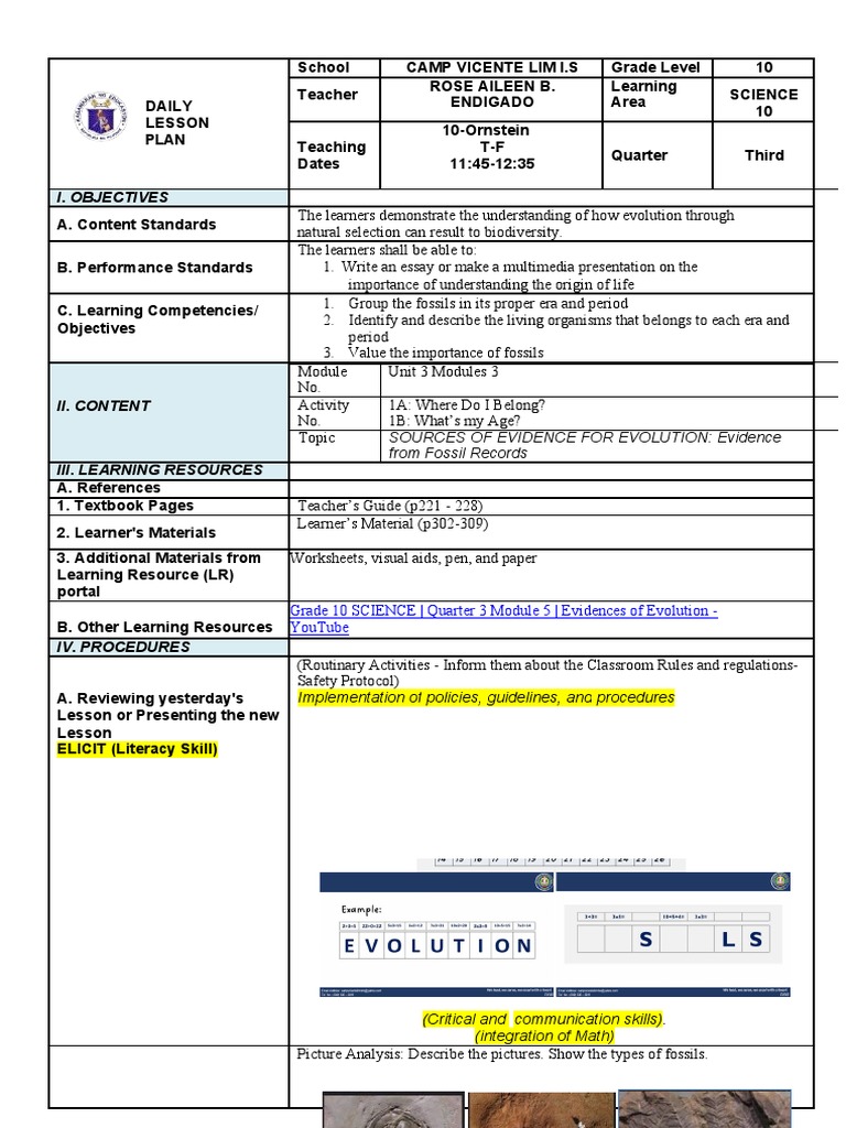 I. Objectives: Sources of Evidence For Evolution: Evidence From Fossil ...