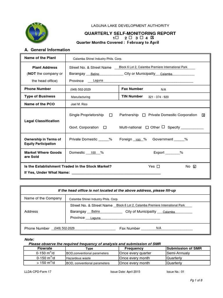 Quarterly Self-Monitoring Report: A. General Information | PDF | Sewage ...