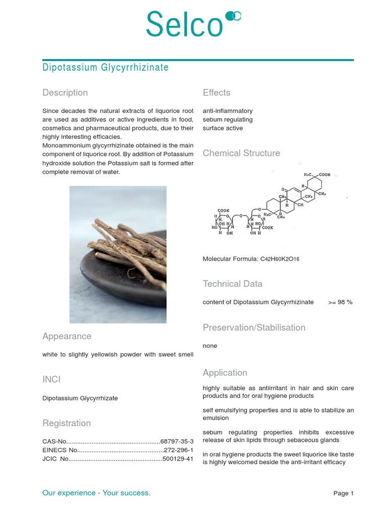 Selco Dipotassium Glycyrrhizinate Leaflet - Kinetik | PDF | Potassium | Chemistry