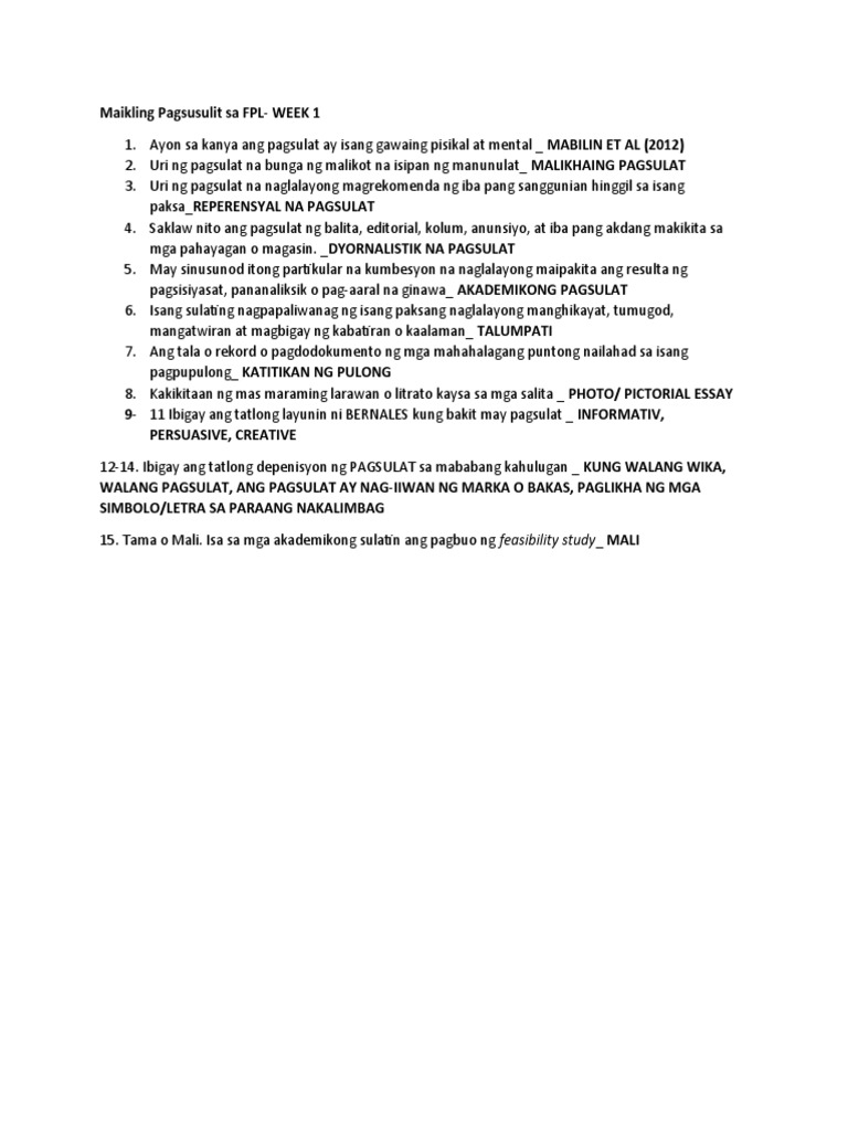Maikling Pagsusulit Sa FPL WEEK 1 | PDF