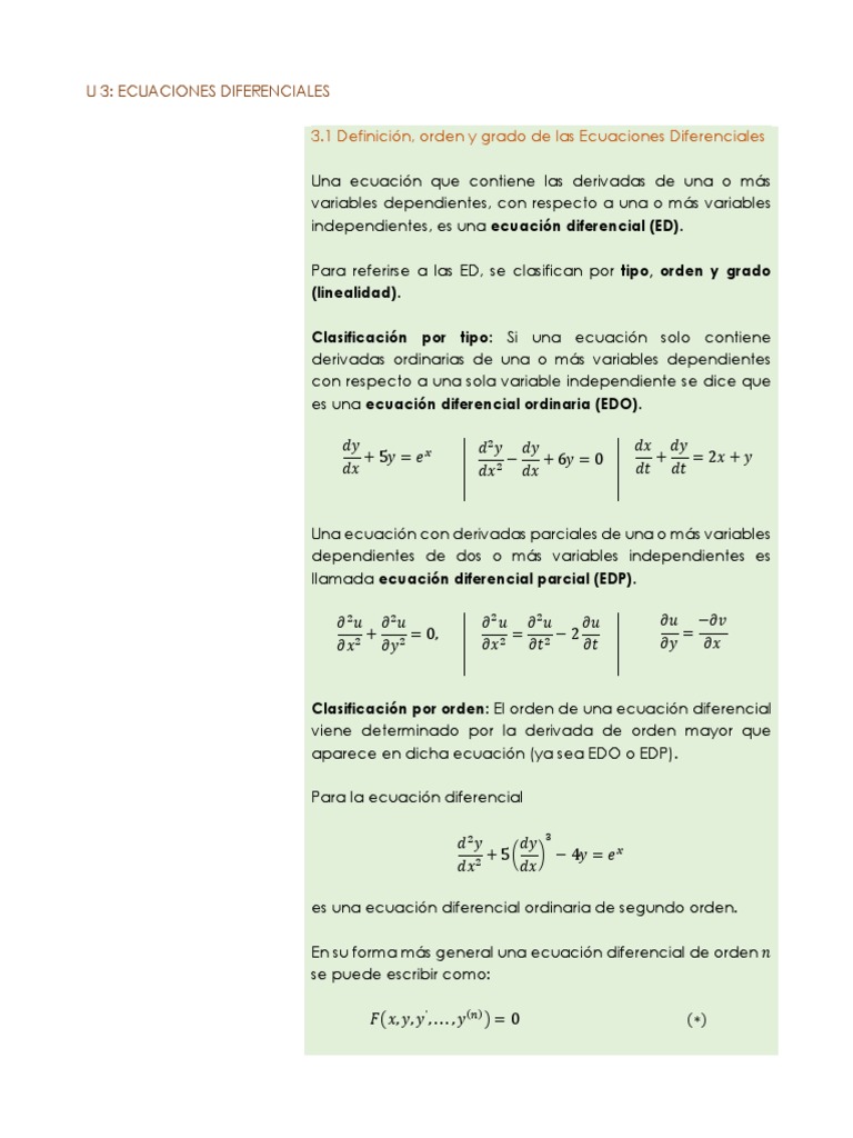 U 3: Ecuaciones Diferenciales: 3.1 Definición, Orden y Grado de Las Ecuaciones Diferenciales ...