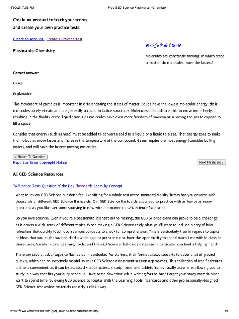 Free GED Science Flashcards - Chemistry Q1 A | PDF