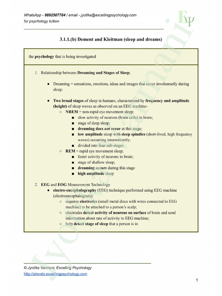 3.1.1.b Dement and Kleitman Notes Excelling Psychology 1 | PDF