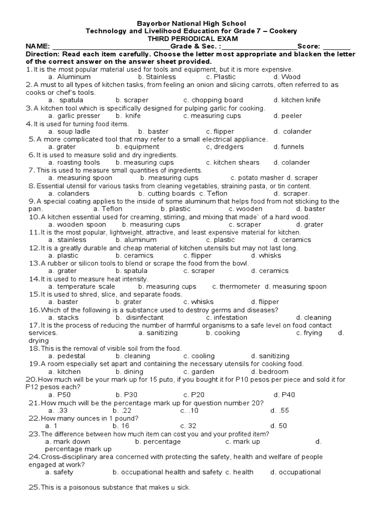 Periodical Test in TLE 7 - Cookery | PDF | Kitchen Utensil | Electrical ...