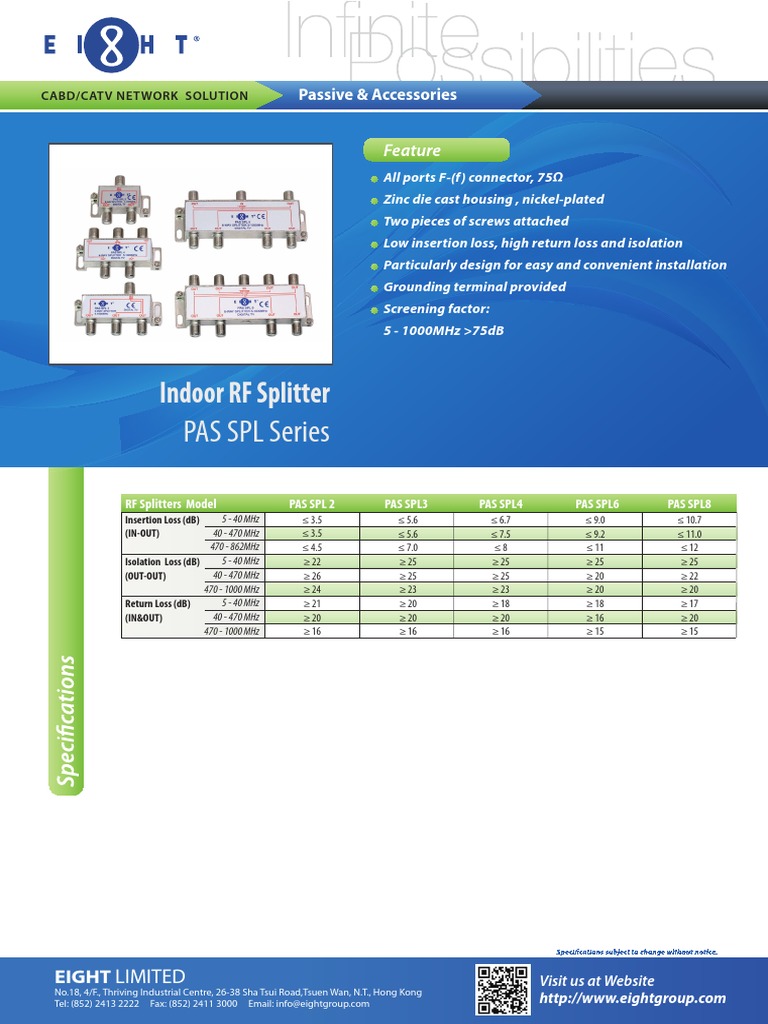 PAS SPL Series: Indoor RF Splitter | PDF | Manufactured Goods | Computer Engineering