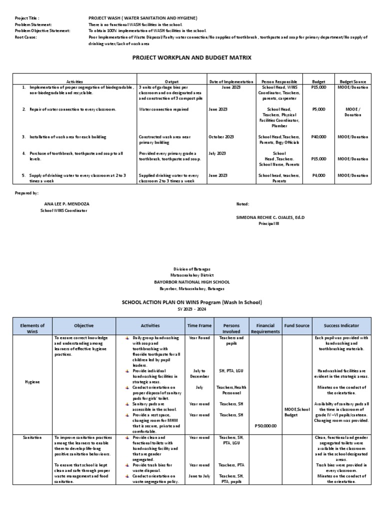 Wins Project Workplan | PDF | Sanitation | Wash