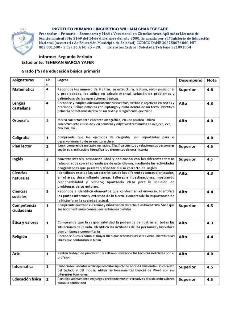 Instituto Humano Lingüístico William Shakespeare Yafer | PDF | Maestros ...