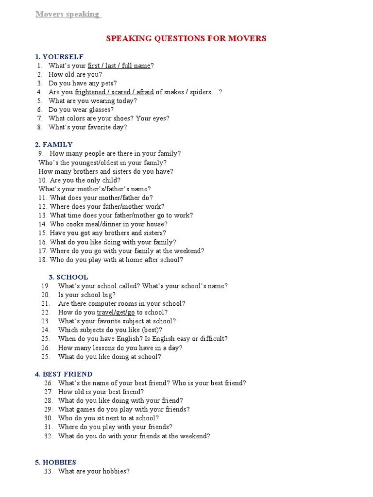 Movers Speaking Questions | PDF | Eating Behaviors Of Humans | Cooking