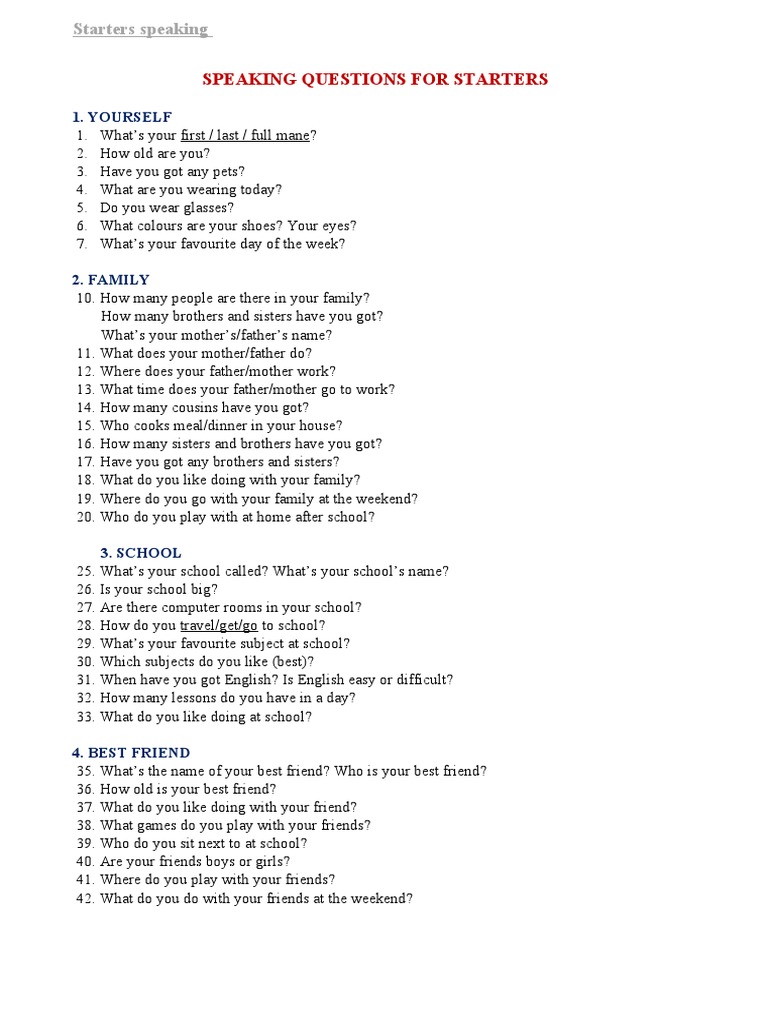 Starters Speaking Questions | PDF | Meal | Foods