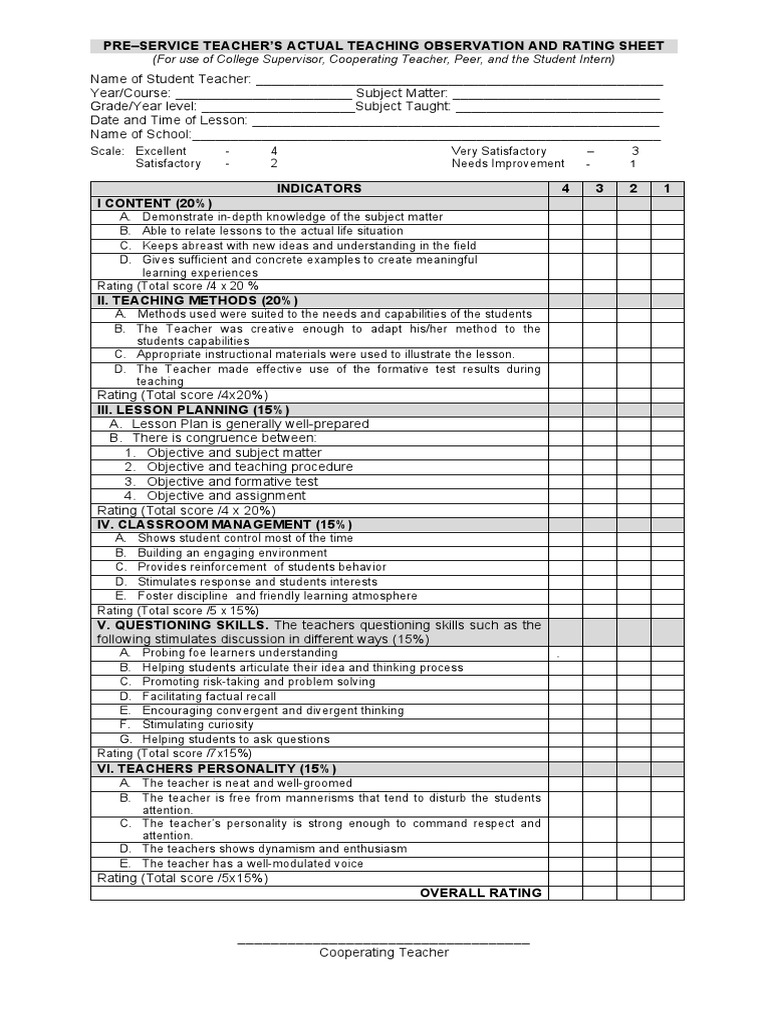 Rating Sheet | PDF | Teachers | Learning