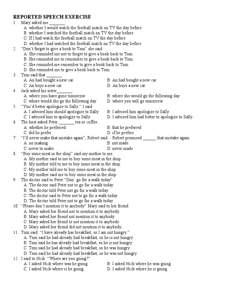 Reported Speech Exercises PDF | PDF
