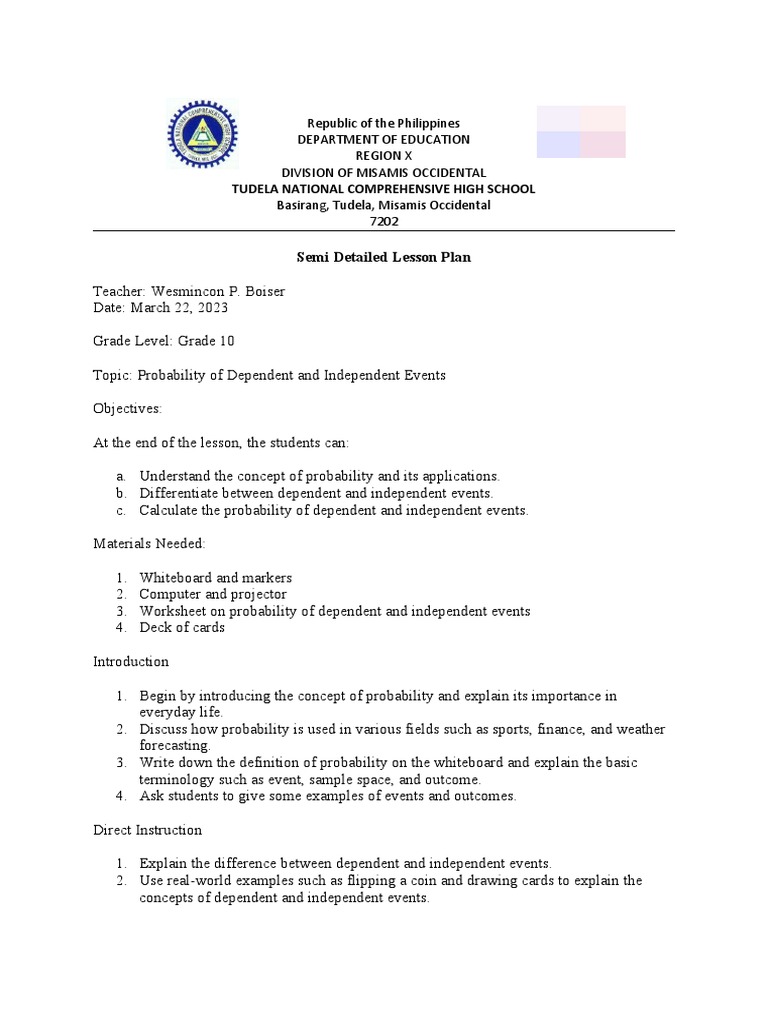 Grade 10 Probability Lesson Plan | PDF | Probability | Worksheet
