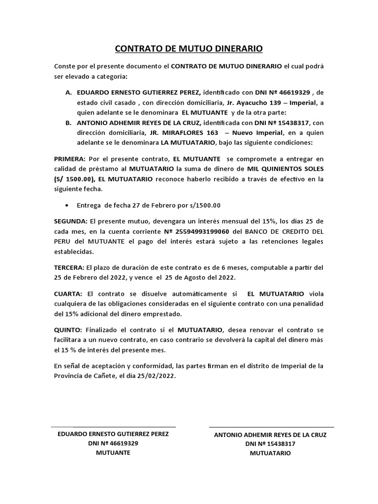 CONTRATO DE MUTUO DINERARIO hombre efectivo | PDF