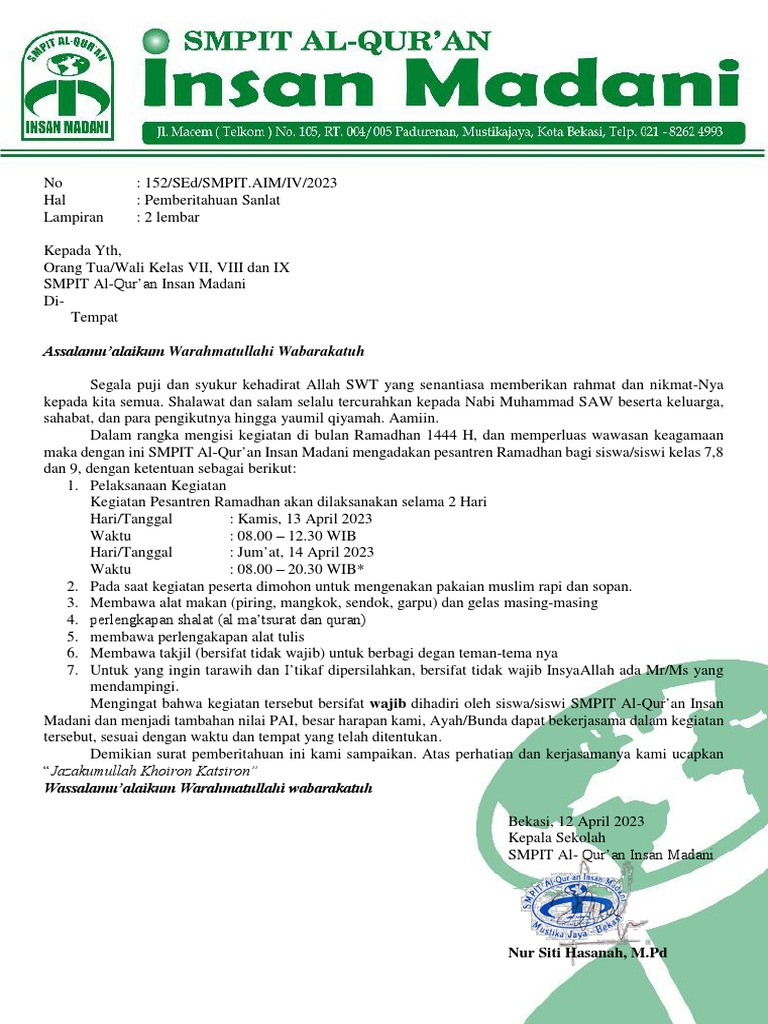 152 - Surat Pemberitahuan Sanlat Ramadhan 1444 H | PDF