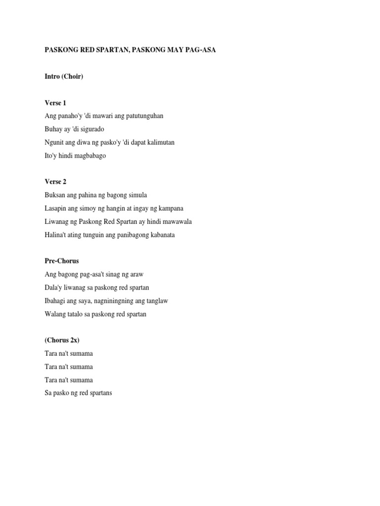 Paskong Red Spartan, Paskong May Pag-Asa (Final Lyrics) | PDF