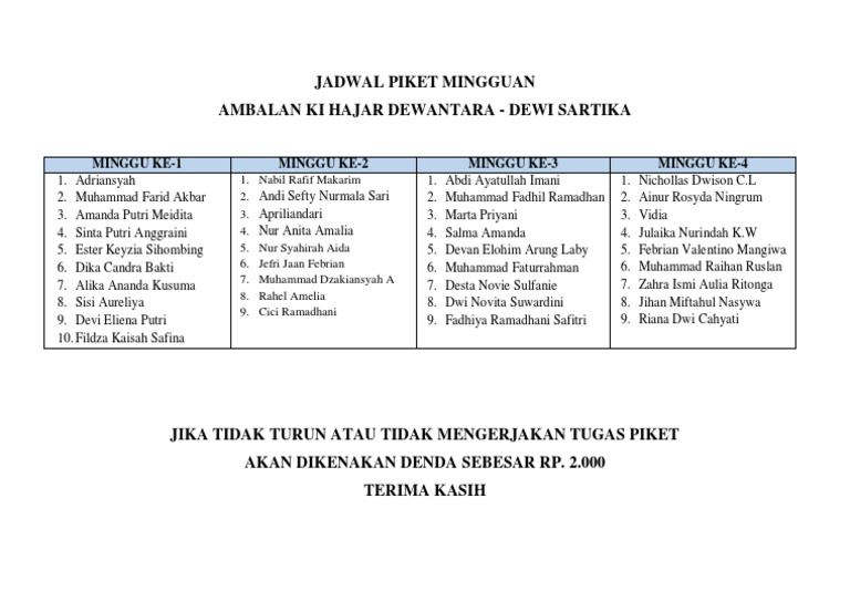 Jadwal Piket Mingguan KDDS | PDF