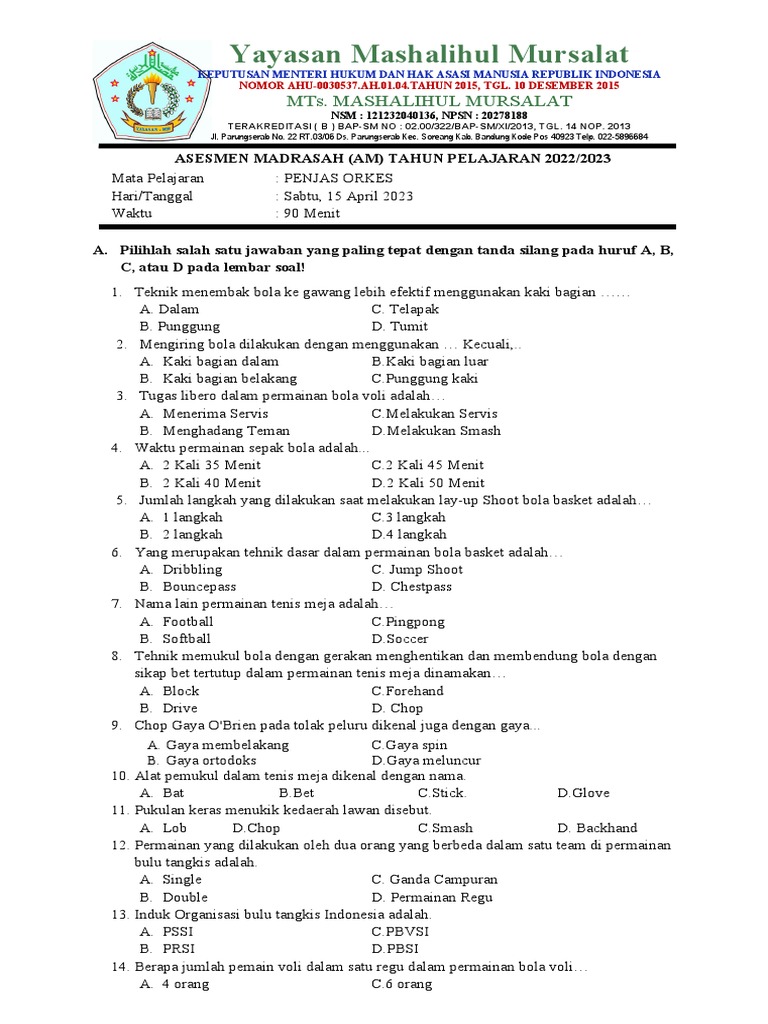 Soal Pjok Psaj Kelas 9 2023 | PDF