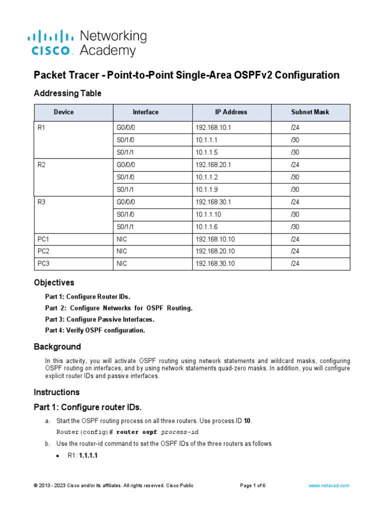 Packet Tracer - Point-To-Point Single-Area Ospfv2 Configuration | PDF | Router (Computing) | Routing