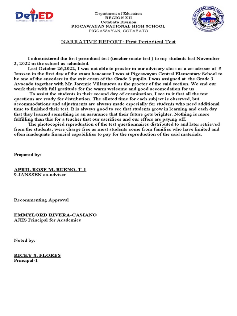 NARRATIVE REPORT: First Periodical Test: Region Xii Cotabato Division ...