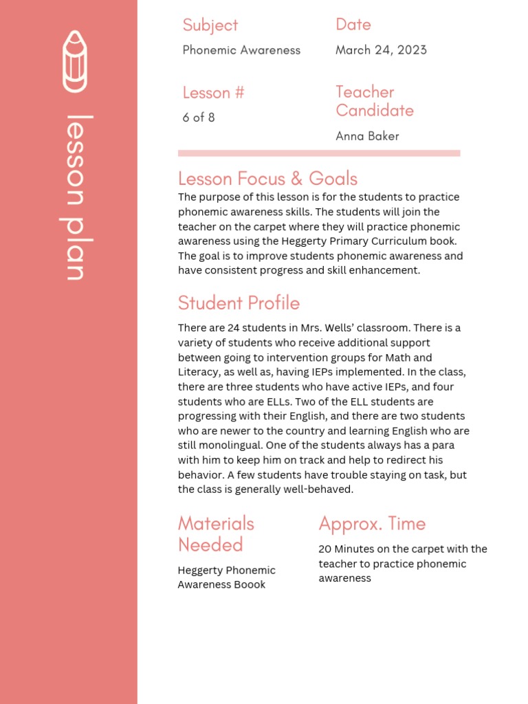 Phonemic Awareness Lesson Plan | PDF | Lesson Plan | Communication