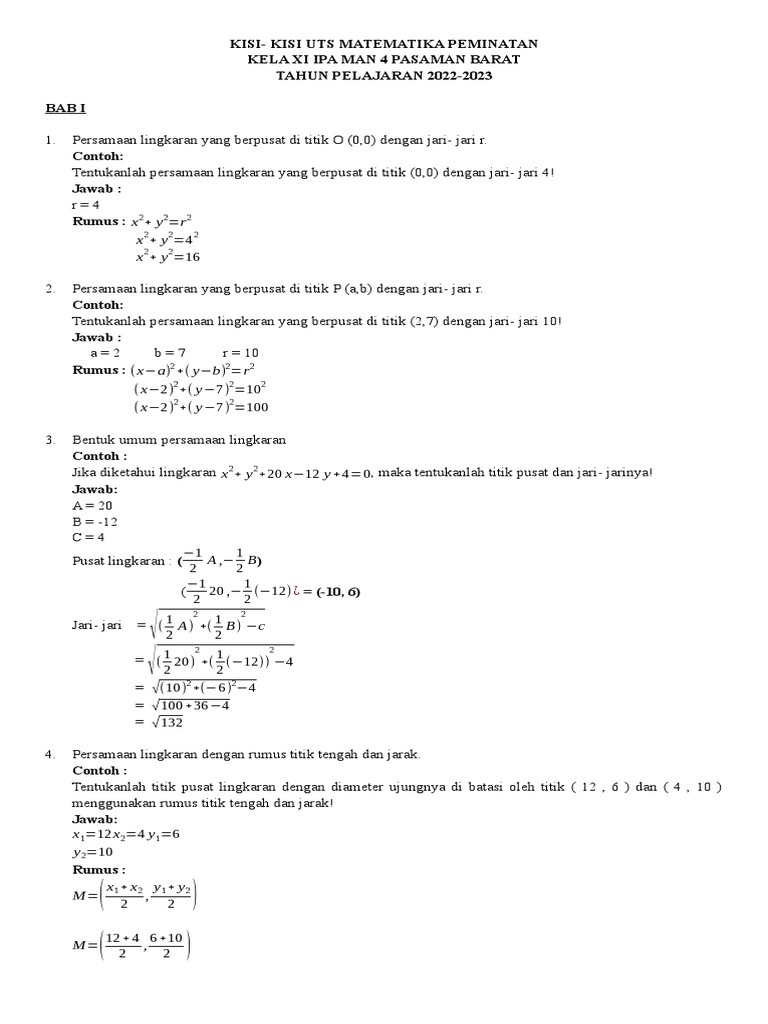 Kisi - Kisi Uts MTK P 2022-2023 | PDF