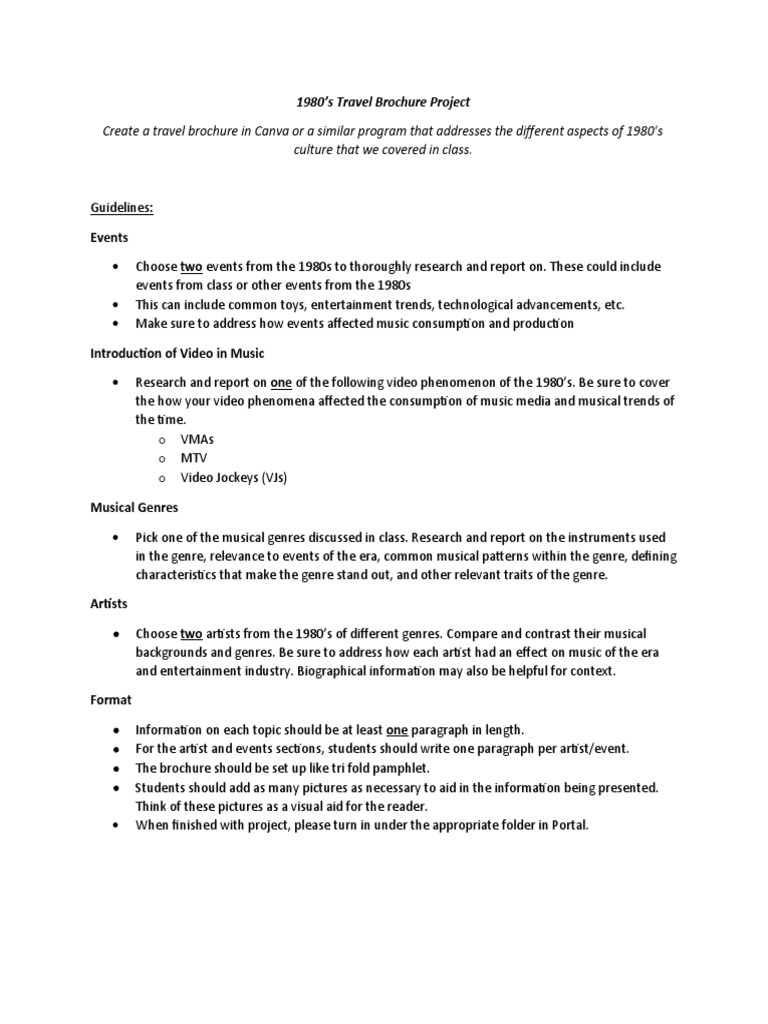 80s Travel Brochure Rubric - Music Appreciation and Production | PDF ...