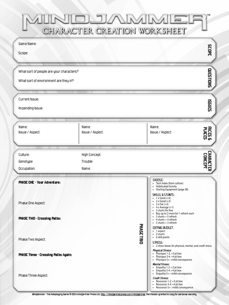 Mindjammer Character Creation Worksheet - v1 | PDF