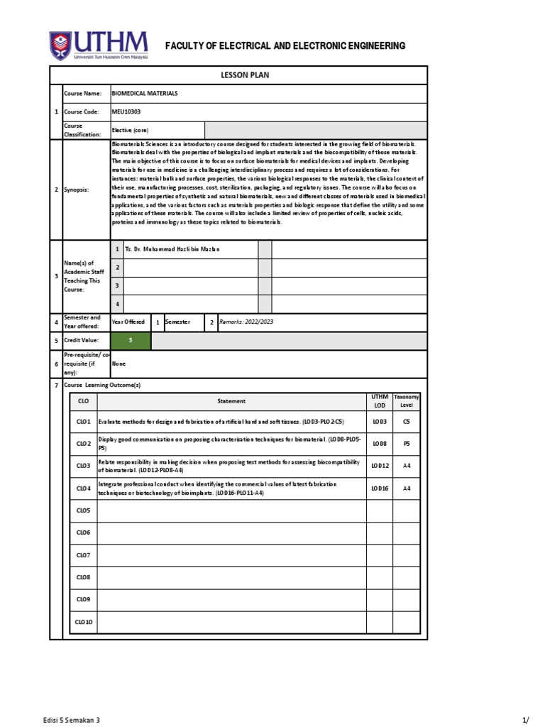 Lecture Plan CodeName Sem2 2022 2023 | PDF | Biomaterial | Materials