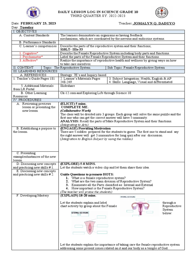 Female Reproductive System Lesson Plan | PDF | Learning | Teachers