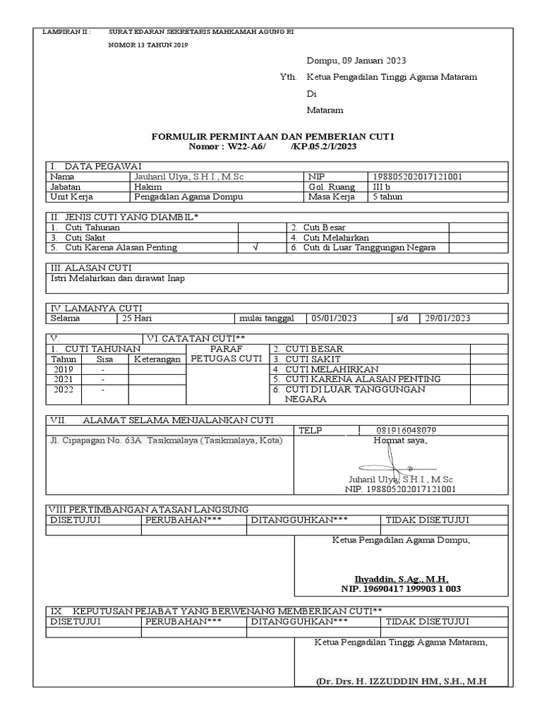 FORM SURAT PERMOHONAN CUTI Alasan Penting | PDF