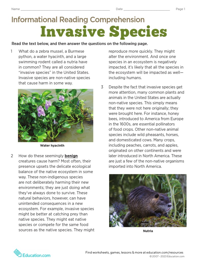 Informational Reading Comprehension Invasive Species | PDF | Invasive ...