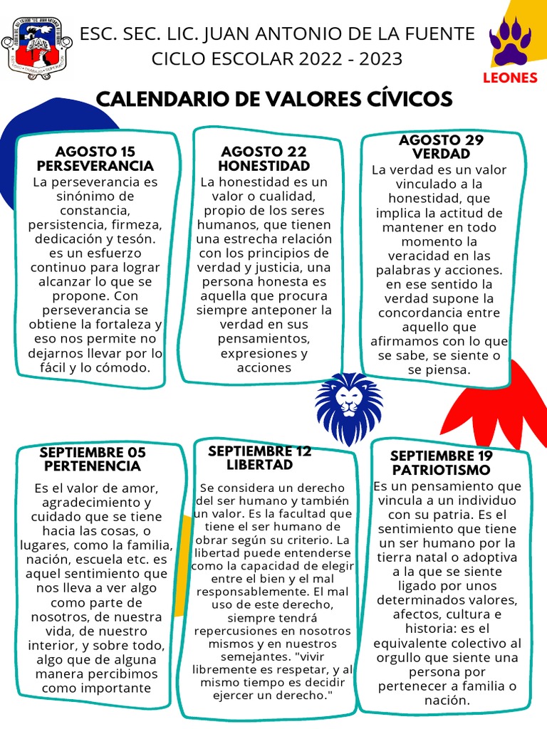 Calendario de Valores Éticos Esc. Sec. Lic. Juan Antonio de La Fuente Ciclo Escolar 2022 - 2023 ...