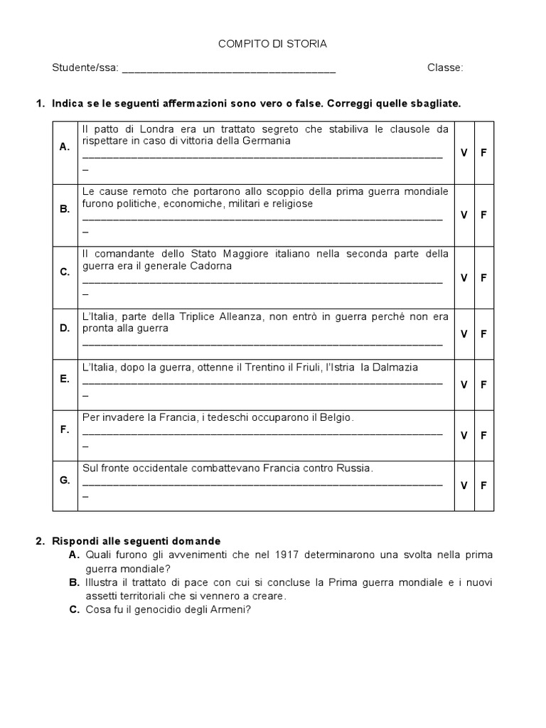 Compito Storia Prima Guerra Mondiale | PDF