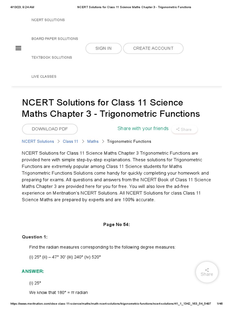 NCERT Solutions For Class 11 Science Maths Chapter 3 - Trigonometric Functions | PDF | Angle ...