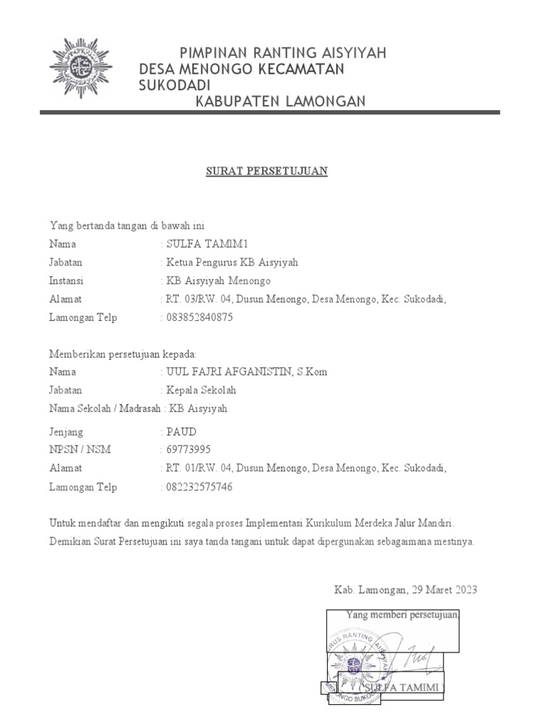 Surat Persetujuan KB Aisyiyah Menongo | PDF
