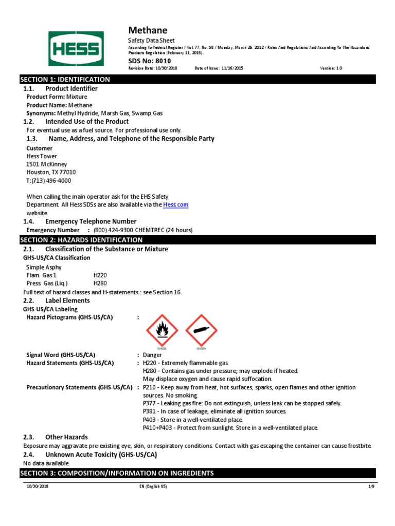 Methane Safety Data Sheet Overview | PDF | Firefighting | Combustion